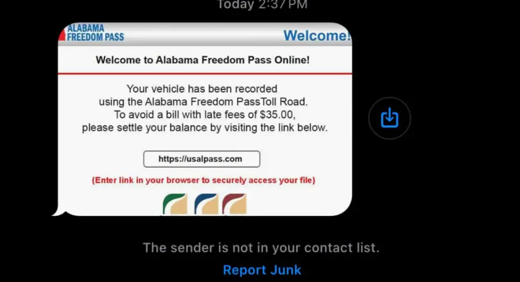 Alabama Freedom Pass Scam at Usalpass.com: Fake Toll Text! – Infoquu