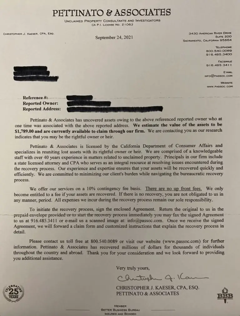 Is Pettinato & Associates A Scam? Unclaimed Property Letter – Infoquu